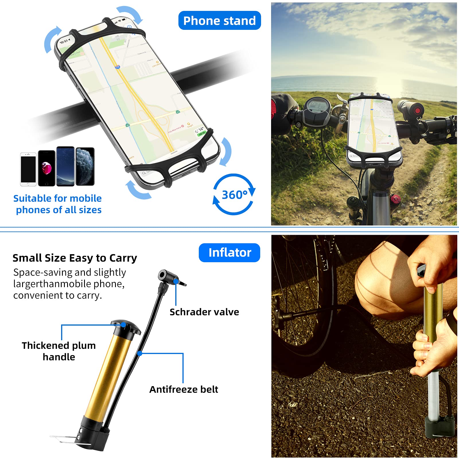 8-Piece Bicycle Accessories, USB Rechargeable Bicycle lamp, Solar headlamp, Bicycle Lock, Bicycle Mobile Phone Rack, Bicycle Water Cup Holder, Bicycle Mirror, Bicycle Bell and air Pump