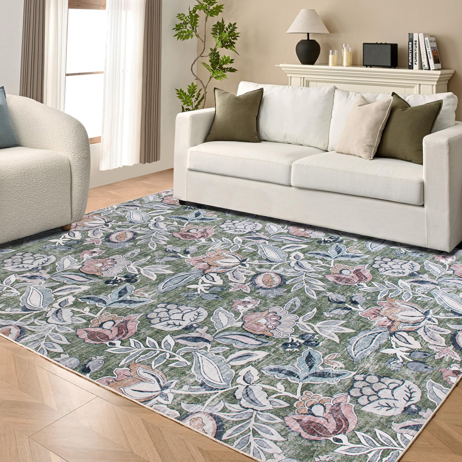 8x10 Large Area Rugs for Living Room,Non Slip Vintage Boho Rug,Machine Washable Rug,Low-Pile Floral Print Carpet for Bedroom Dinning Room Office Farmhouse Indoor Home Decor（Green 8'x10'）