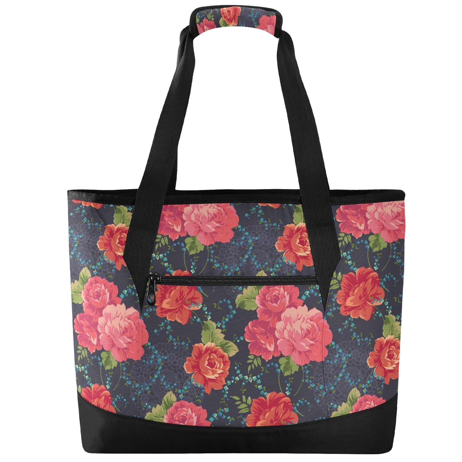 ALAZA Classic Red Flowers Cooler Bag Insulated Lunch Bag for Women Men, Reusable Leakproof Cooler Tote Shoulder Bag for Picnic Camping Work Office Beach