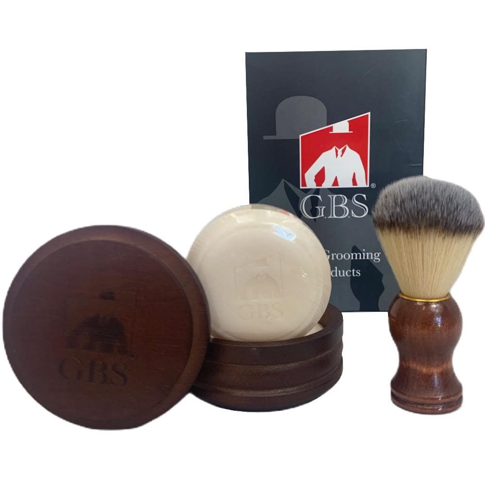 G.B.S Wooden Shaving Set, Synthetic Vegan Shaving Brush Wood Handle and Soap Bowl with All Natural Shave Soap 3IN1 Kit for Men Practical Christmas Gift for Men