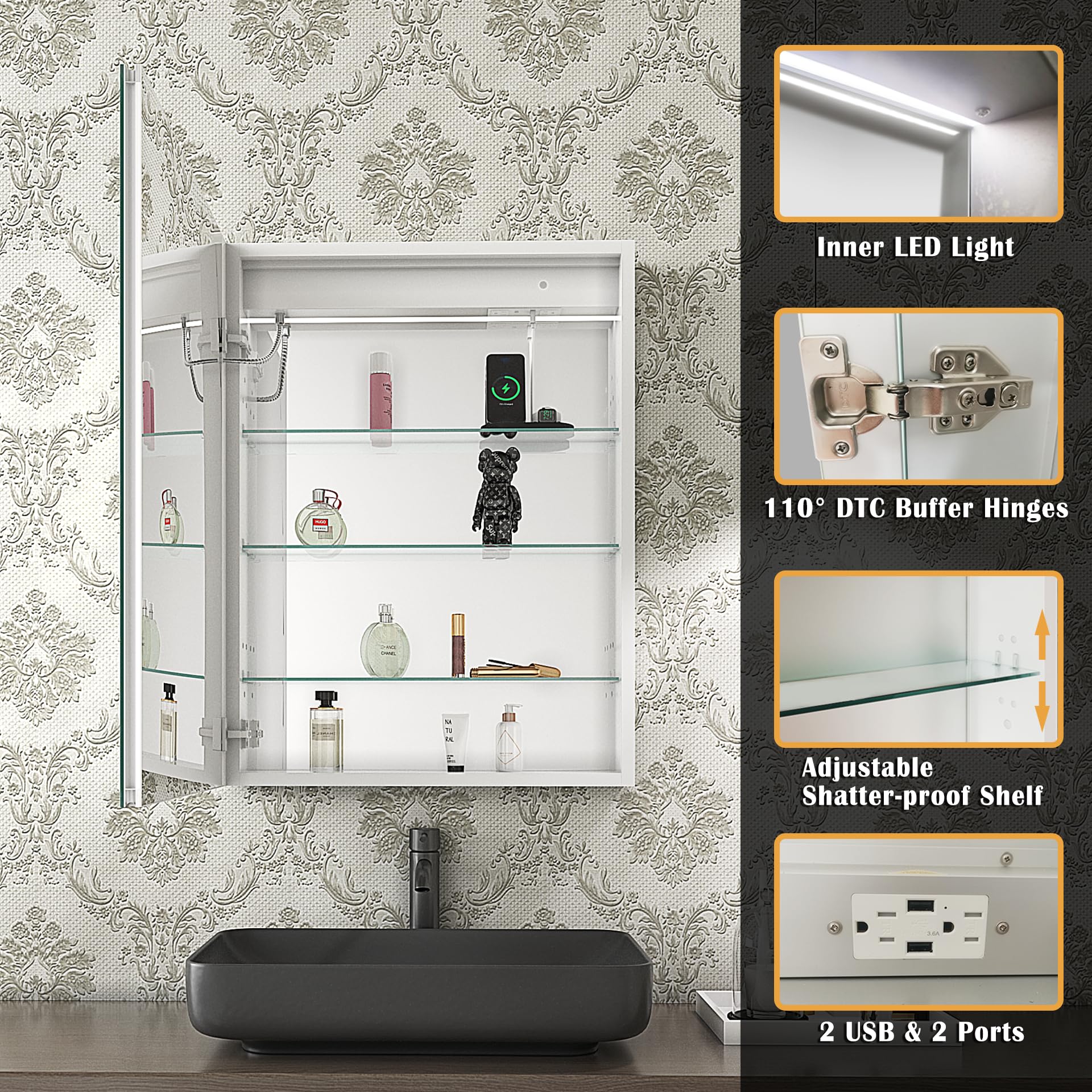 Benime 24x32 Inch, LED Lighted Bathroom Medicine Cabinet with Mirror, Surface or Recessed Medicine Cabinet with Lights, Defogger, Stepless Dimming&Color Temps, 2 Outlets&USBs, 3 Storage Shelves
