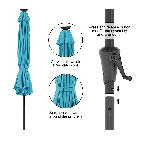 COBANA 9’ Solar Patio Umbrella with 40 LED Lights, Outdoor Table Market Umbrella with Tilt and Crank for Garden, Lawn, Deck, Backyard and Pool, Blue