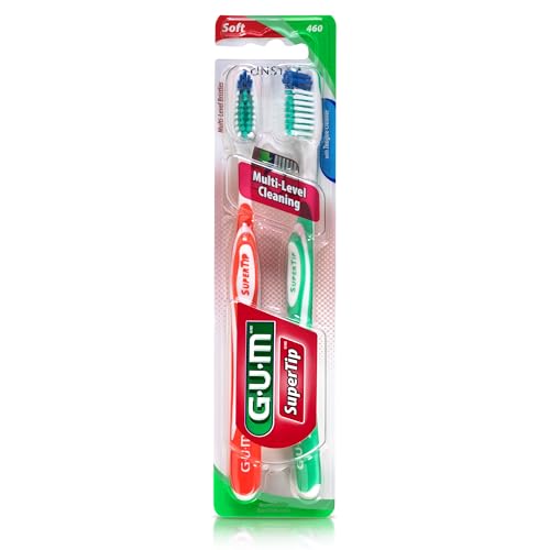 GUM Super Tip Toothbrush, Soft Bristle Toothbrush for Adults with Tongue Cleaner, Compact Head, 2ct
