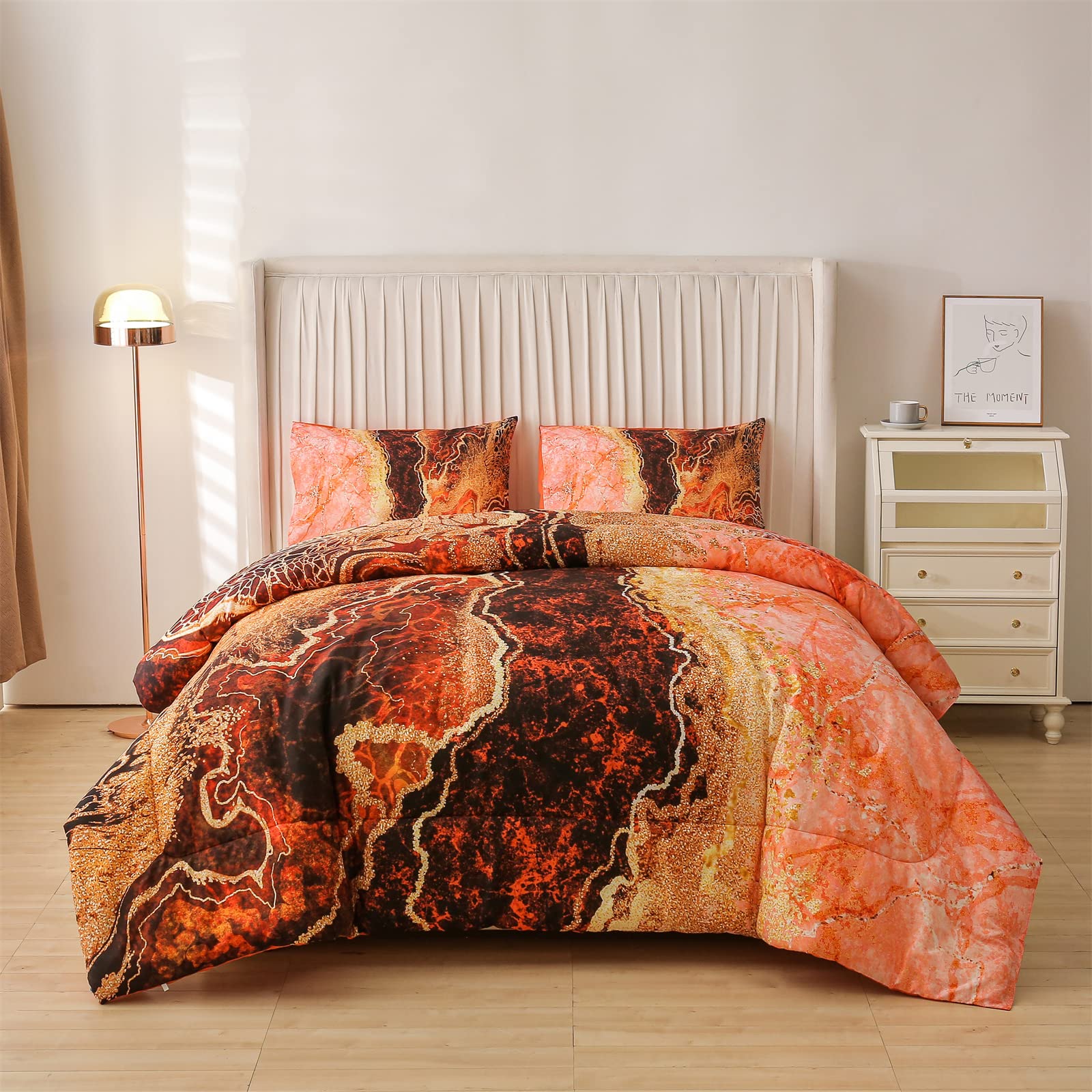 A Nice Night Marble Like Burning Mountain Printed Bedding Set,Retro Style Watercolor Artwork Design,Ultra Soft Comforter Set (Orange,Full(78-by-90-inches))