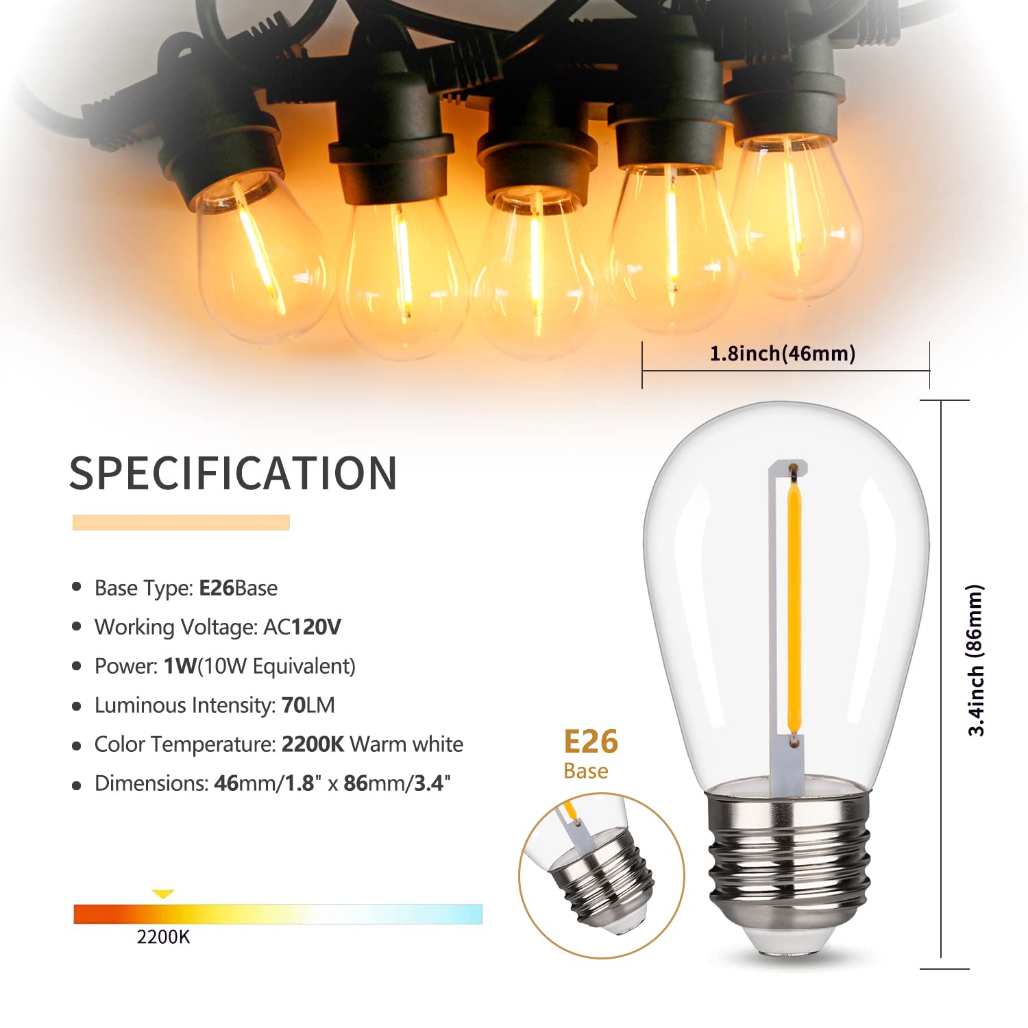 S14 Replacement LED Light Bulbs, Shatterproof & Waterproof 1W S14 LED Bulbs, E26 Base Patio Edison LED Light Bulbs for Outdoor String Lights , Warm White 2200K Plastic 70ML Non-Dimmable 48 Pack