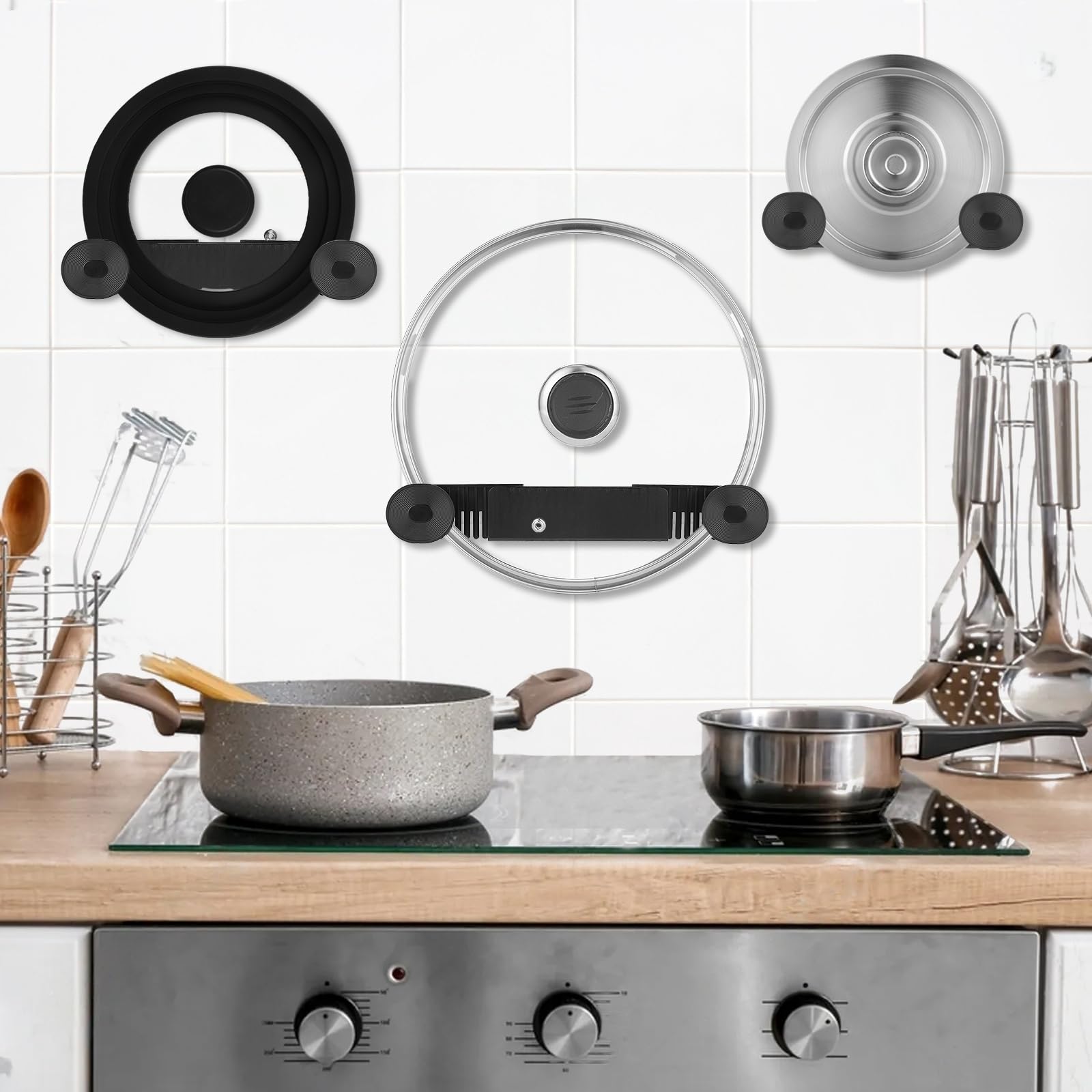 YONGAIJIA 4 Pack Adjustable Pot Lid holder,Pan Cover Organizer Fits 6" to 14" lid, Adhesive Wall Mount Pots Lid Storage for Kitchen Cupboard 、Cabinet Door (Black)
