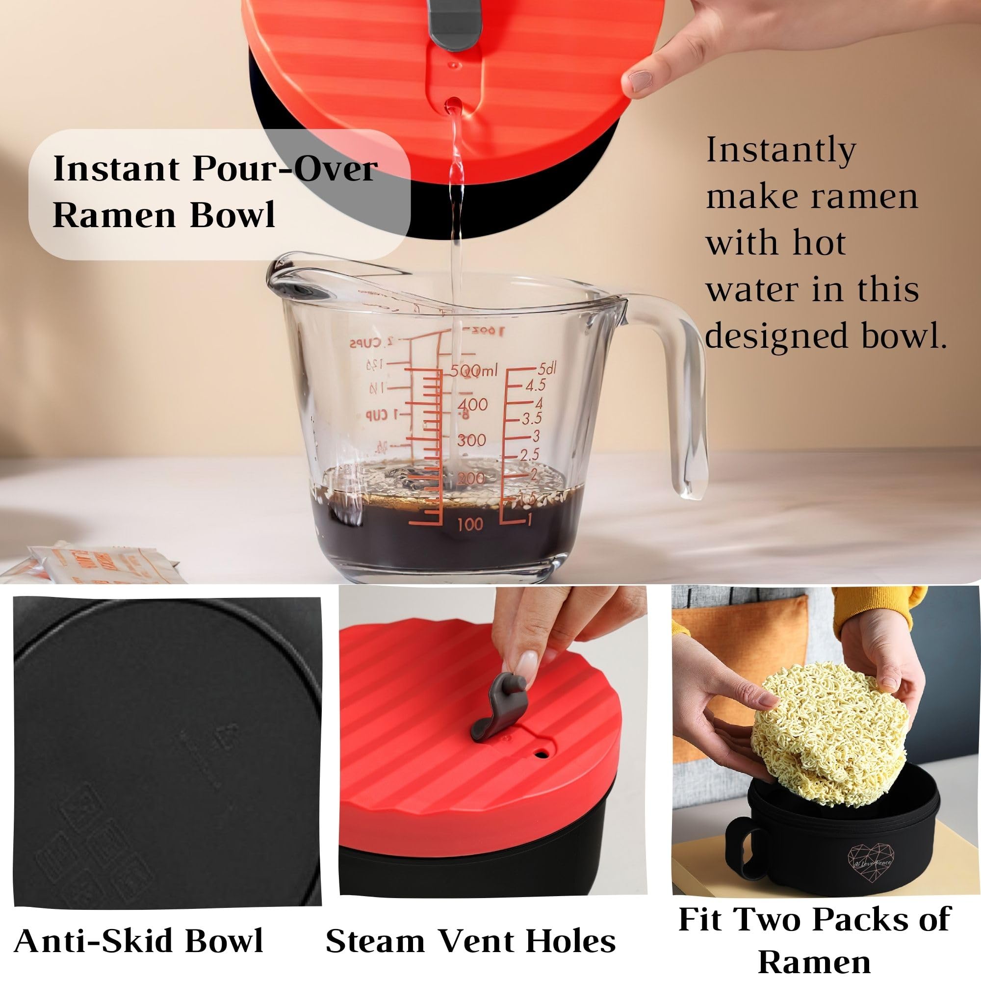 AI LOVE PEACE Microwave Ramen Bowl with Lid - Microwavable Noodle Cooker Container for Dorm Essentials, Ramen Maker, Meal Prep Microwave Safe Instant Noodles Soup Bowl - BPA Free, Dorm Room Gift (Red)