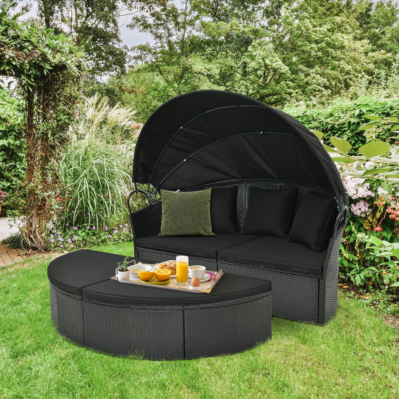 Tangkula Outdoor Patio Round Daybed with Retractable Canopy, Black Rattan Wicker Furniture Sectional Seating with Cushions and Throw Pillows, Seating Separates Cushioned Seats for Backyard (Black)