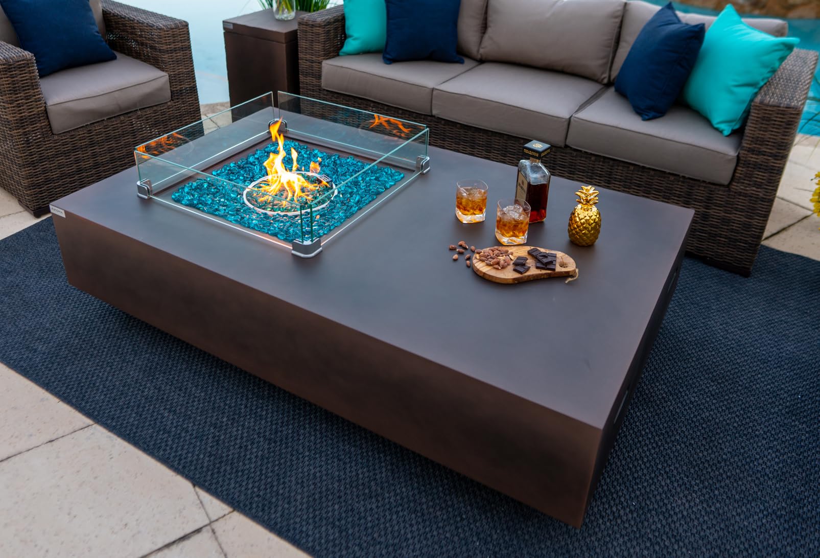 65" Rectangular Concrete Gas Fire Pit Table with Glass Guard and Fire Glass (Gray)