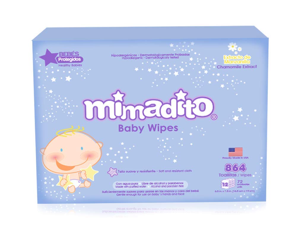 Mimadito Chamomile – Lightly Scented Baby Wipes (864 Wipes: 12 Packages of 72 Wet Wipes)