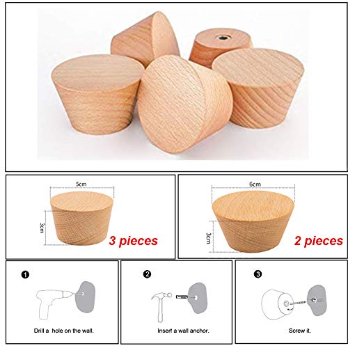 Wooden Coat Hook Dot Round Hangers, 5 Pack Natural Wall Mounted Clothes Scarf Hat and Bag Storage Hangers Towel Rack Bedroom Decoration, (2 Pack Large Size,3 Pack Small Size)