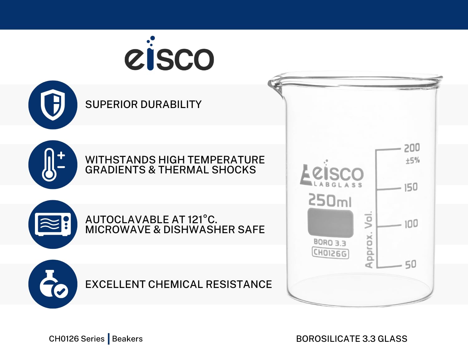 EISCO 12PK Beakers, 100ml - Low Form with Spout - White, 25ml Graduations - Borosilicate 3.3 Glass