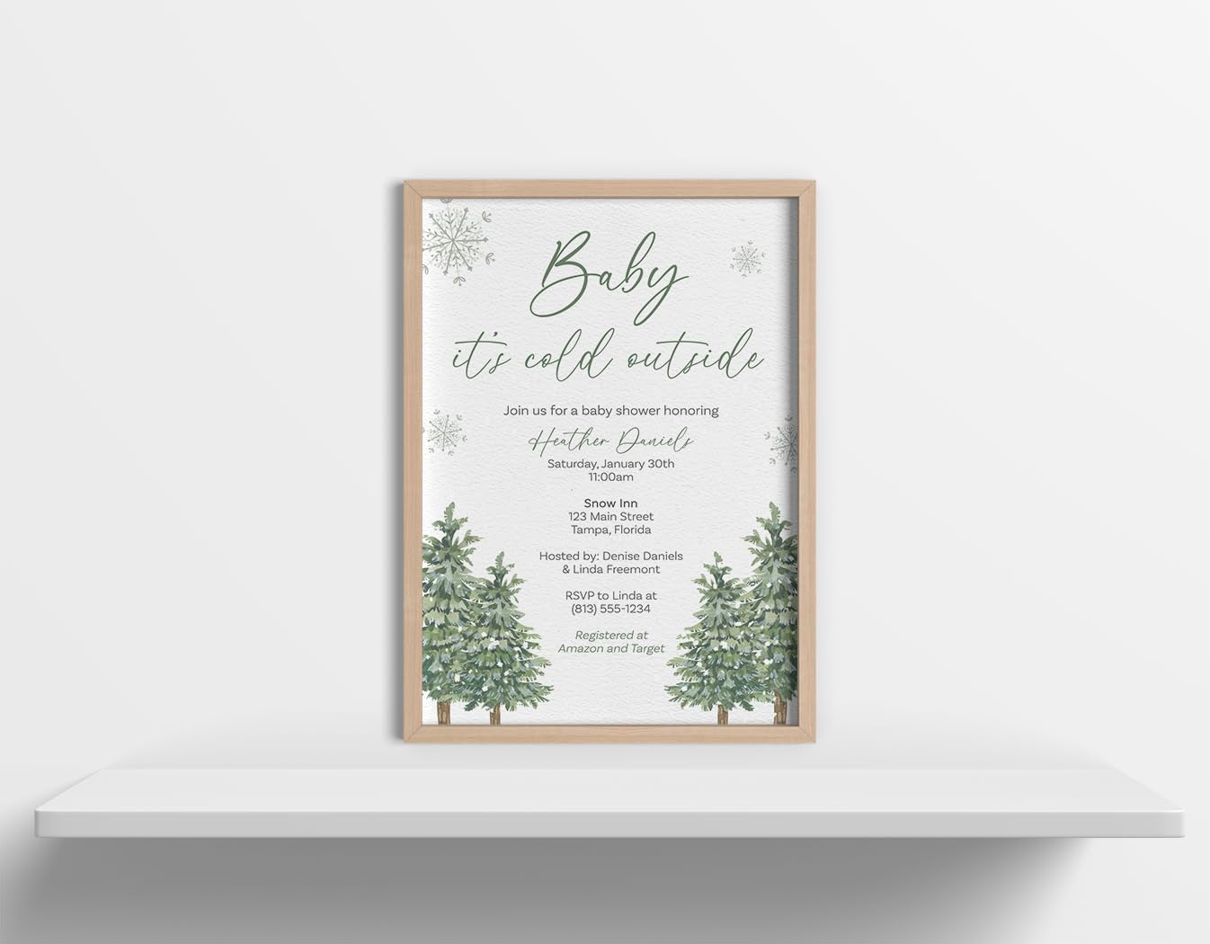 Baby It's Cold Outside Baby Shower Invitations Winter Invites Gender Neutral Unisex Trees Nature Green Snowflakes Snowfall Personalized Customized Custom Printed Cards (12 count)