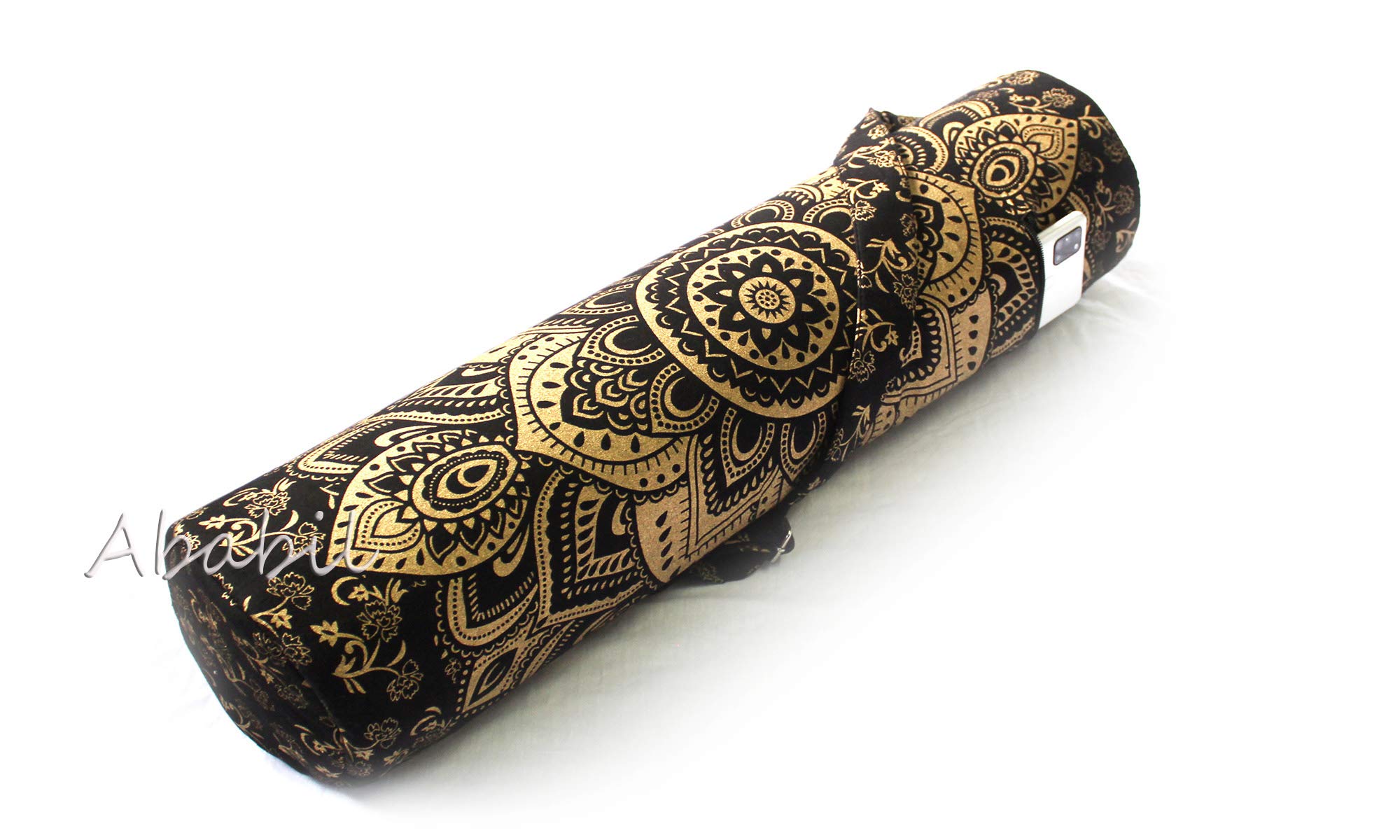 Ababilart Indian Mandala Black Gold Hippie Yoga Mat Carrier Bag with Shoulder Strap