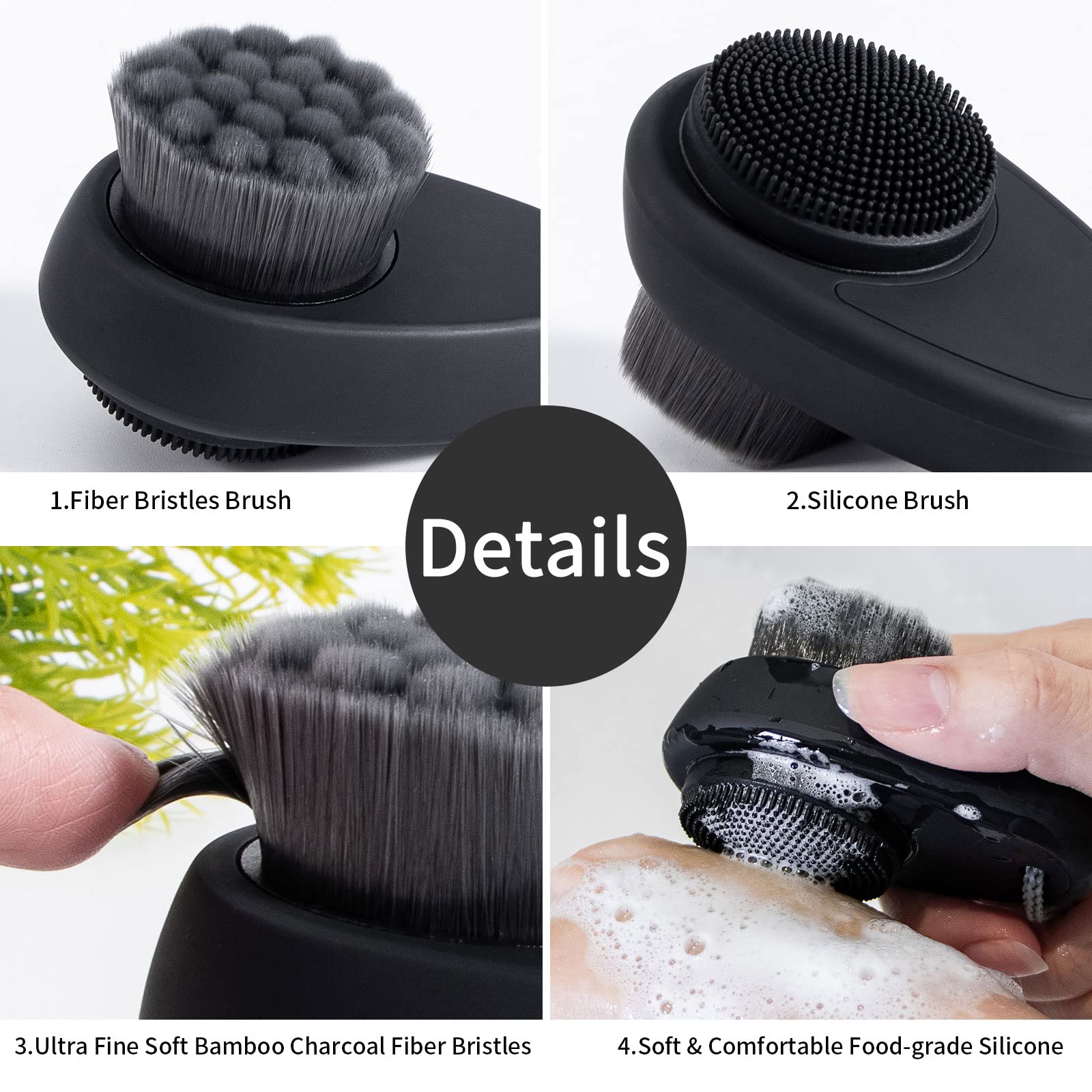 Beomeen Facial Cleansing Brush 2 Pack, 2 in 1 Silicone Face Scrubber for Men Exfoliating Pore Deep Cleansing, Dual Sided Face Wash Brush with Soft Bamboo Charcoal Microfiber and Lid for Women, Black