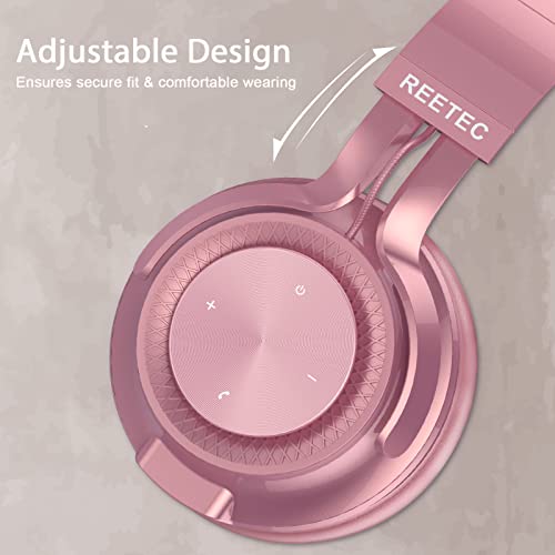 REETEC Wireless Bluetooth Headphones Over-Ear - [40 Hrs Playing Time, Soft Protein Earpads] Foldable HiFi Stereo Wireless Headphones with Microphone, Deep Bass Headset for Phone, PC, iPad - Rose Gold