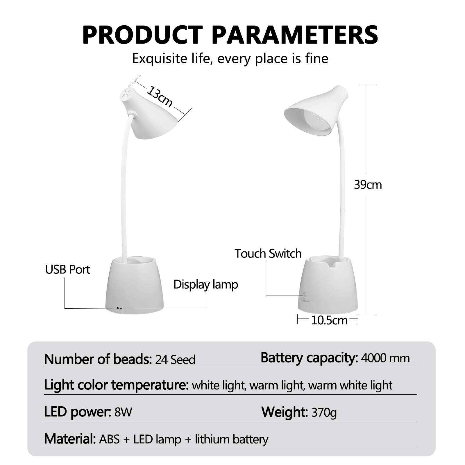 AIBAI Small Desk Lamp, Kids Desk Lamp with Pen Holder & Mobile Phone Stand, 3 Lighting Modes for Reading Kids Dorm& Mobile Phone Stand for Reading Dorm Home Office (White)