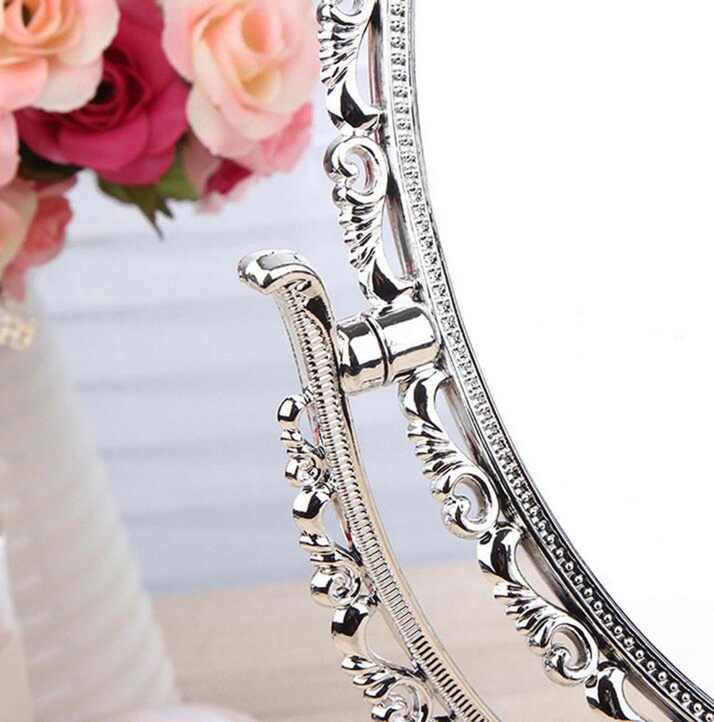 Guppy Desktop Antique Vintage European Style Two Sided Swivel Oval Tabletop Vanity Makeup Mirror with Embossed Hollow Flower Shiny Pedestal(Gold)