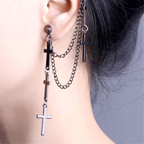 ANDPAI Personalized Multi Layered Long Stainless Steel Cross Chain Dangle Earring Threader Tassel Ear Cuff Black Punk Drop Earring for Women Men Statement Jewelry Gifts (Black)