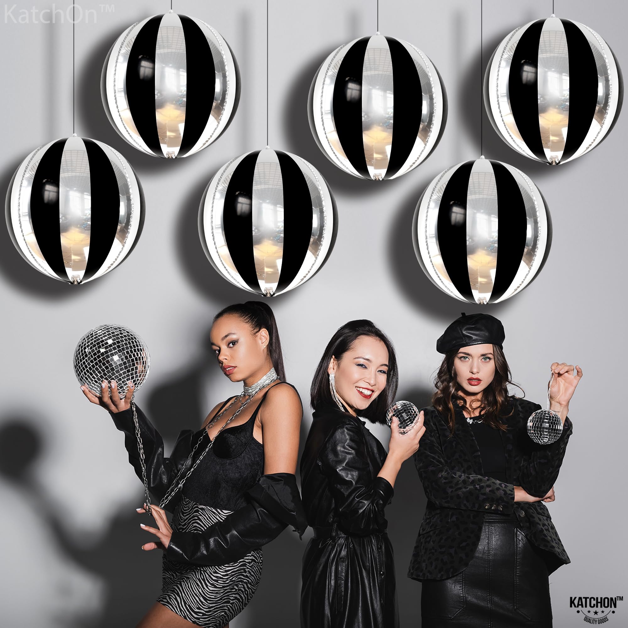 Big, 22 Inch Black and Silver Balloons - Pack of 6, Black and Silver Party Decorations | 360 Degree 4D Stripe Black Silver Balloons | Silver and Black Balloons for Black and White Party Decorations