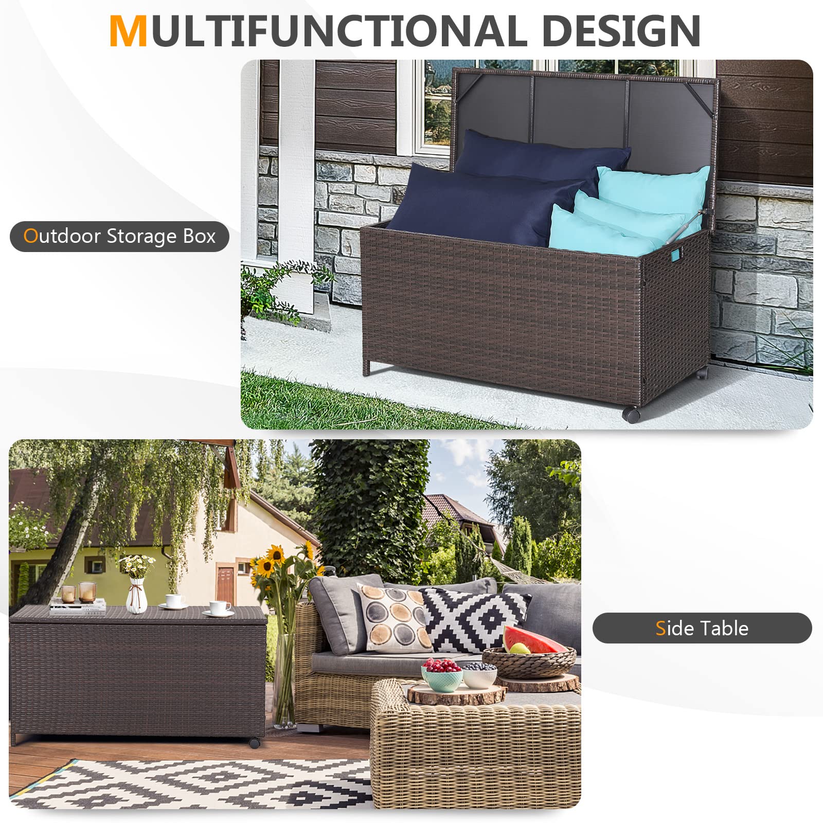 RELAX4LIFE Patio Rattan Storage Box - 50 Gallon All-Weather Wicker Storage Box w/Top Lid, Protective Liner and Wheels, Outdoor Deck Box Waterproof for Cushions, Toys, Garden Tools
