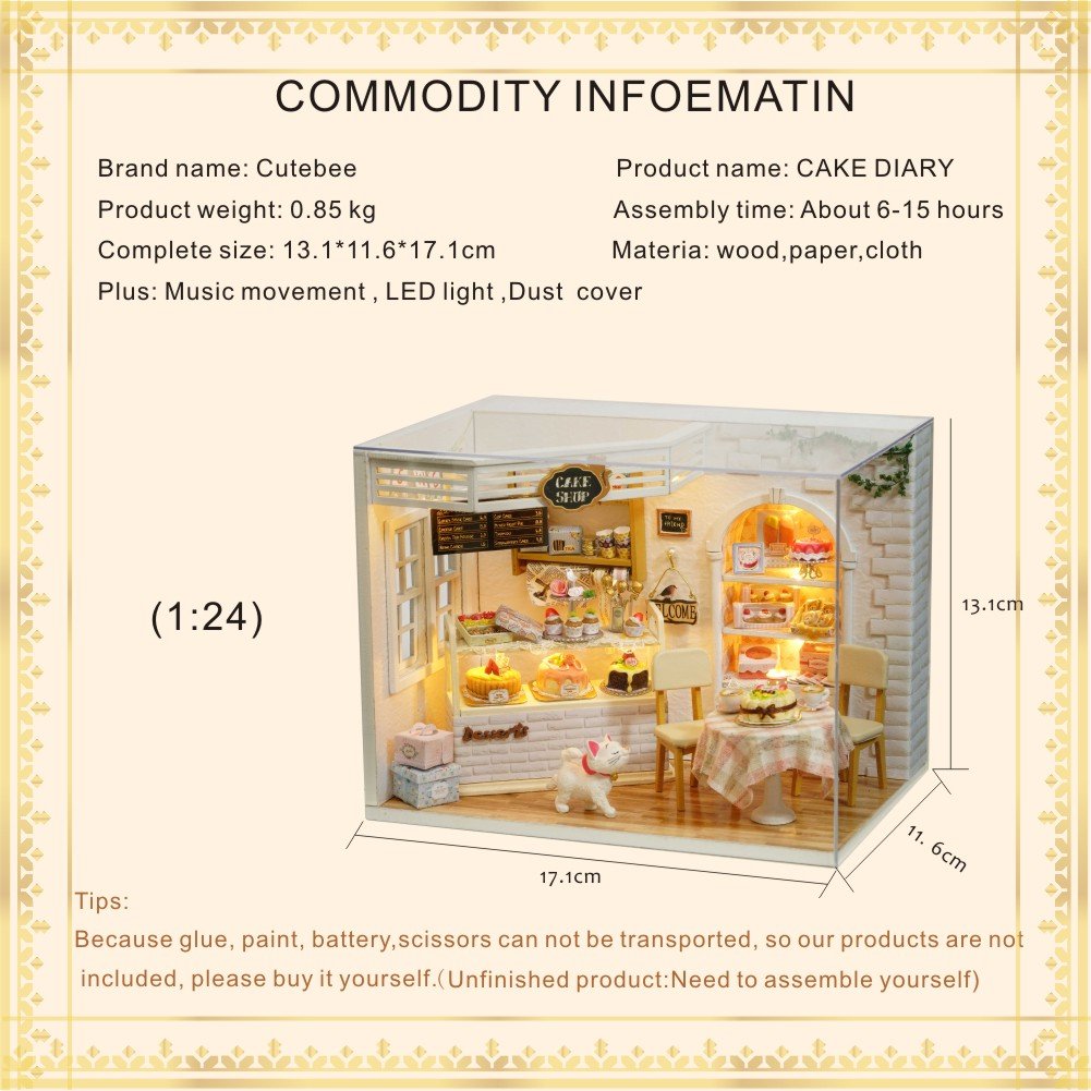 CUTEBEE Dollhouse Miniature with Furniture, DIY Dollhouse Kit Plus Dust Proof and Music Movement, 1:24 Scale Creative Room for Valentine's Day Gift Idea(Cake Diary)