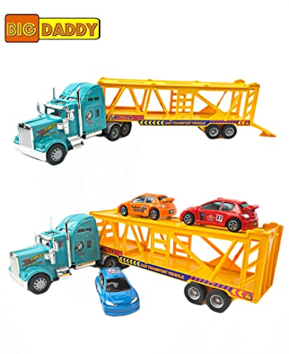 Big Daddy Heavy Duty Tractor Trailer Race Car Carrier Toy Truck with 3 Cars Bundle