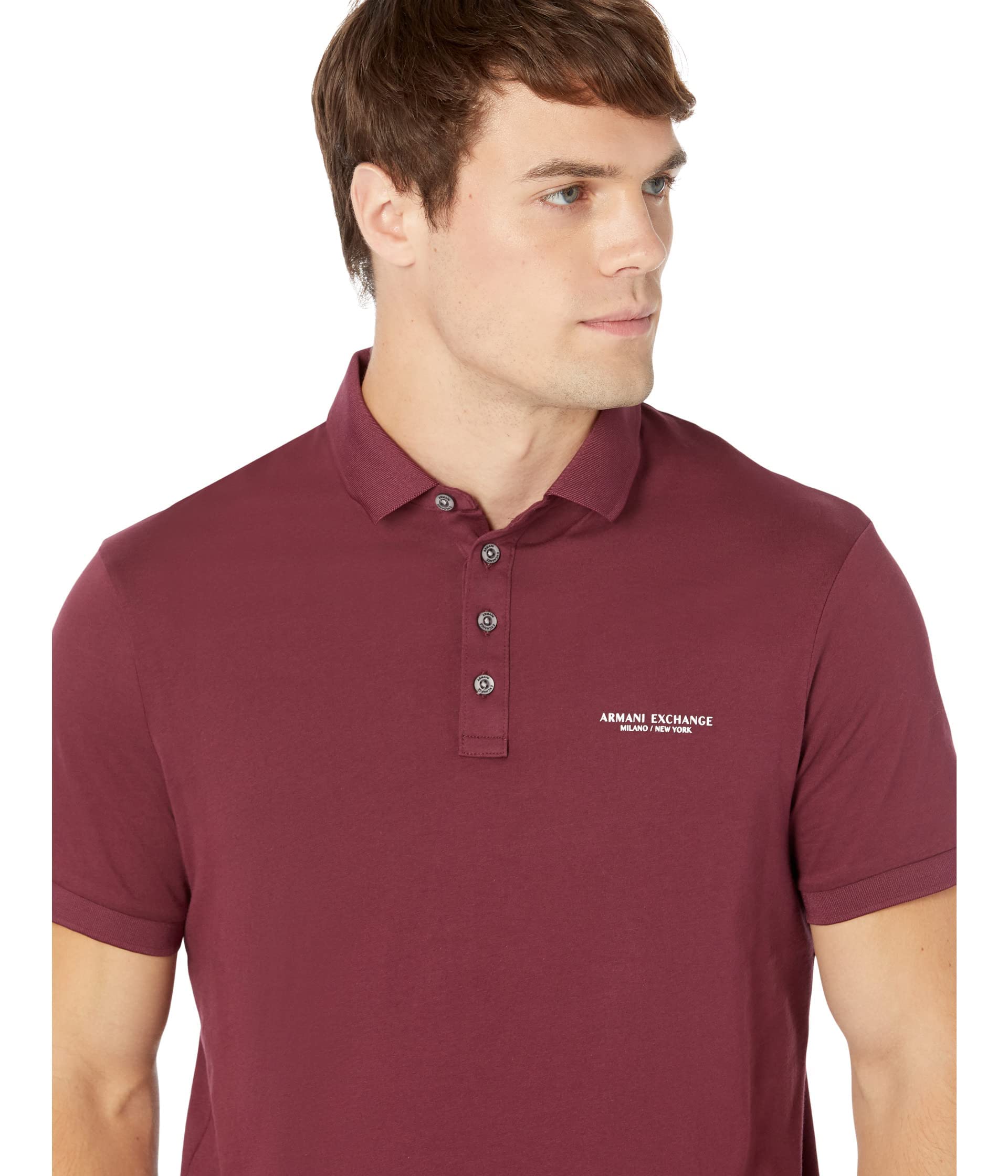 A | X ARMANI EXCHANGE Men's Short Sleeve Milano/New York Logo Jersey Polo Shirt, Windsor Wine, L