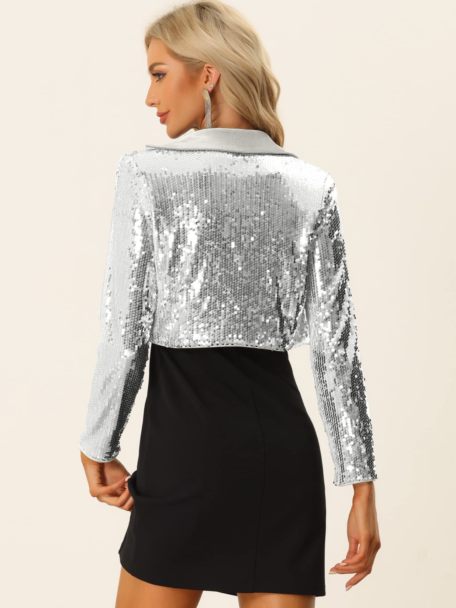 Allegra K Open Front Cardigan for Women's Notched Lapel Cropped Party Club Sparkly Sequin Blazer Large Silver