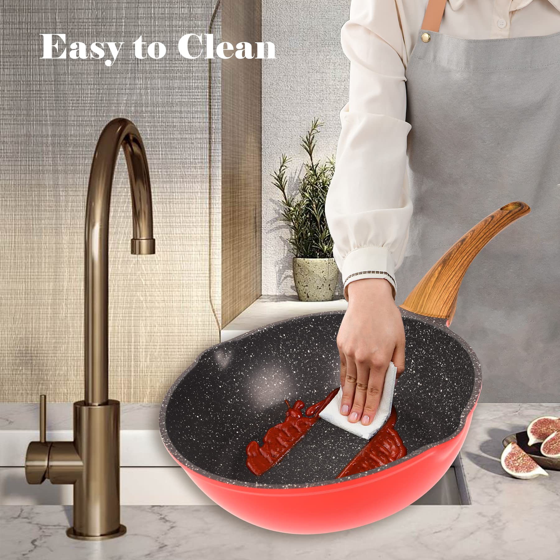 Minluful 11 Inch Nonstick Deep Frying Pan with Lid, Ceramic-Coated Skillet Wok Saute Pan with Wooden Handle