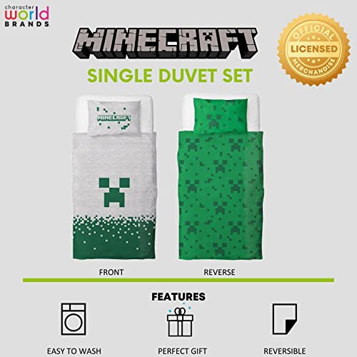 Minecraft Official Single Kids Duvet Cover Set | Character World Brands Pixels Design Reversible 2 Sided Bedding Including Matching Pillow Case | Gaming Single Bed Set Polycotton