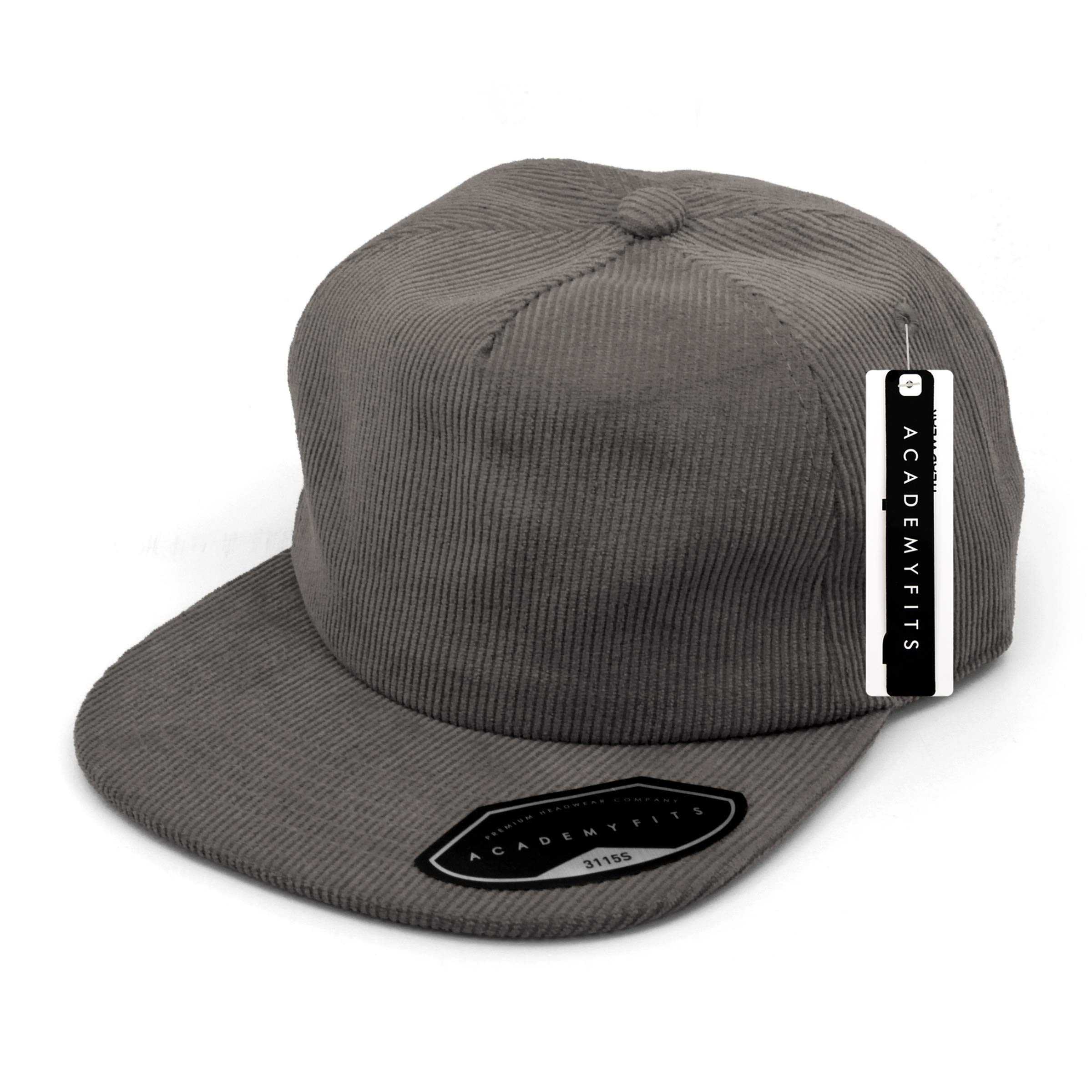 AcademyFits 5 Panel Corduroy Cotton Baseball Cap Adjustable Snapback Flat Visor Unstructured (Black)