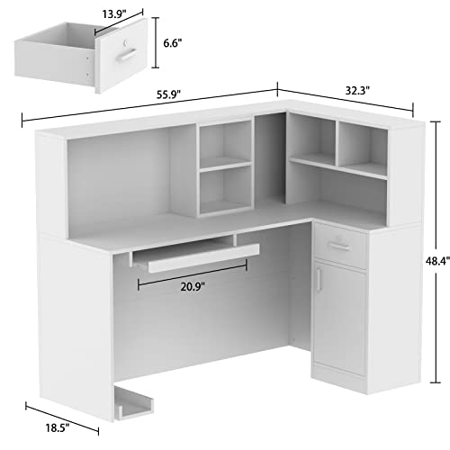 AIEGLE Reception Desk with Counter Drawers & Storage Shelves, L-Shaped Reception Counter Table for Salon Reception Room Checkout Office, White (55.9" L x 32.3" W x 48.4" H)