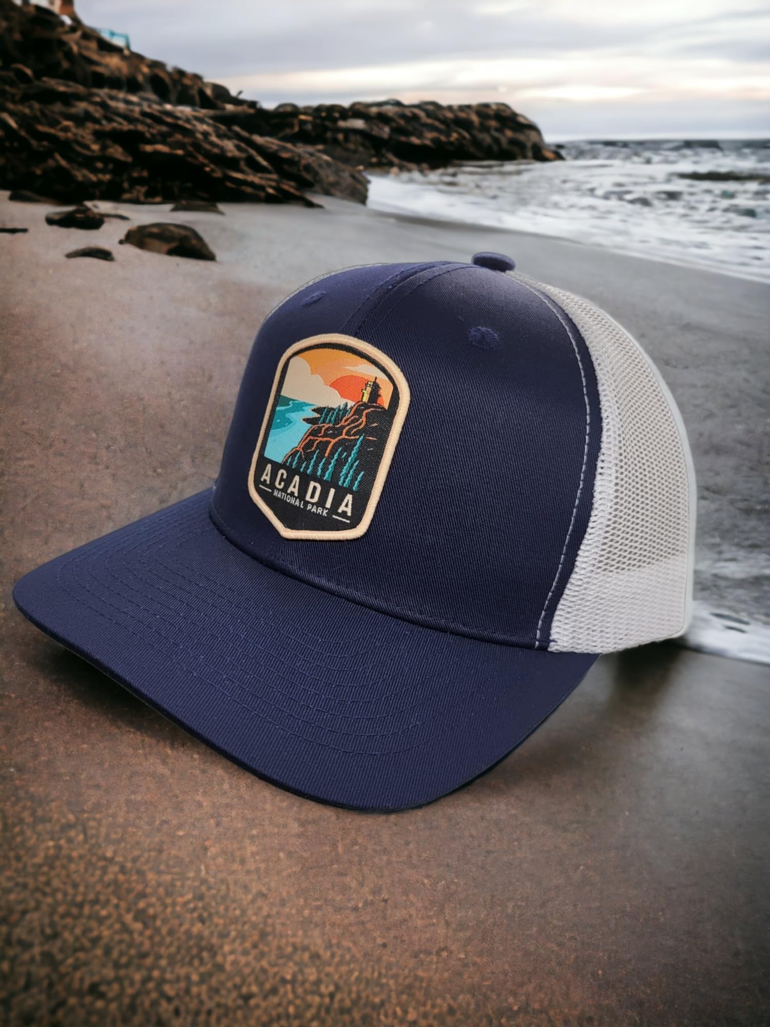 Acadia Trucker Hat with National Park Woven Patch (Navy/White)