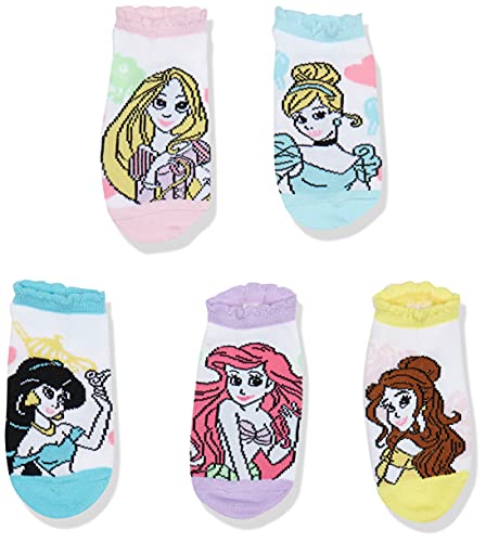 Disney Girls' Little Princess 5 Pack No Show, Pastel Assorted Big Face, Fits Sock Size 6-8.5 Fits Shoe Size 7.5-3.5