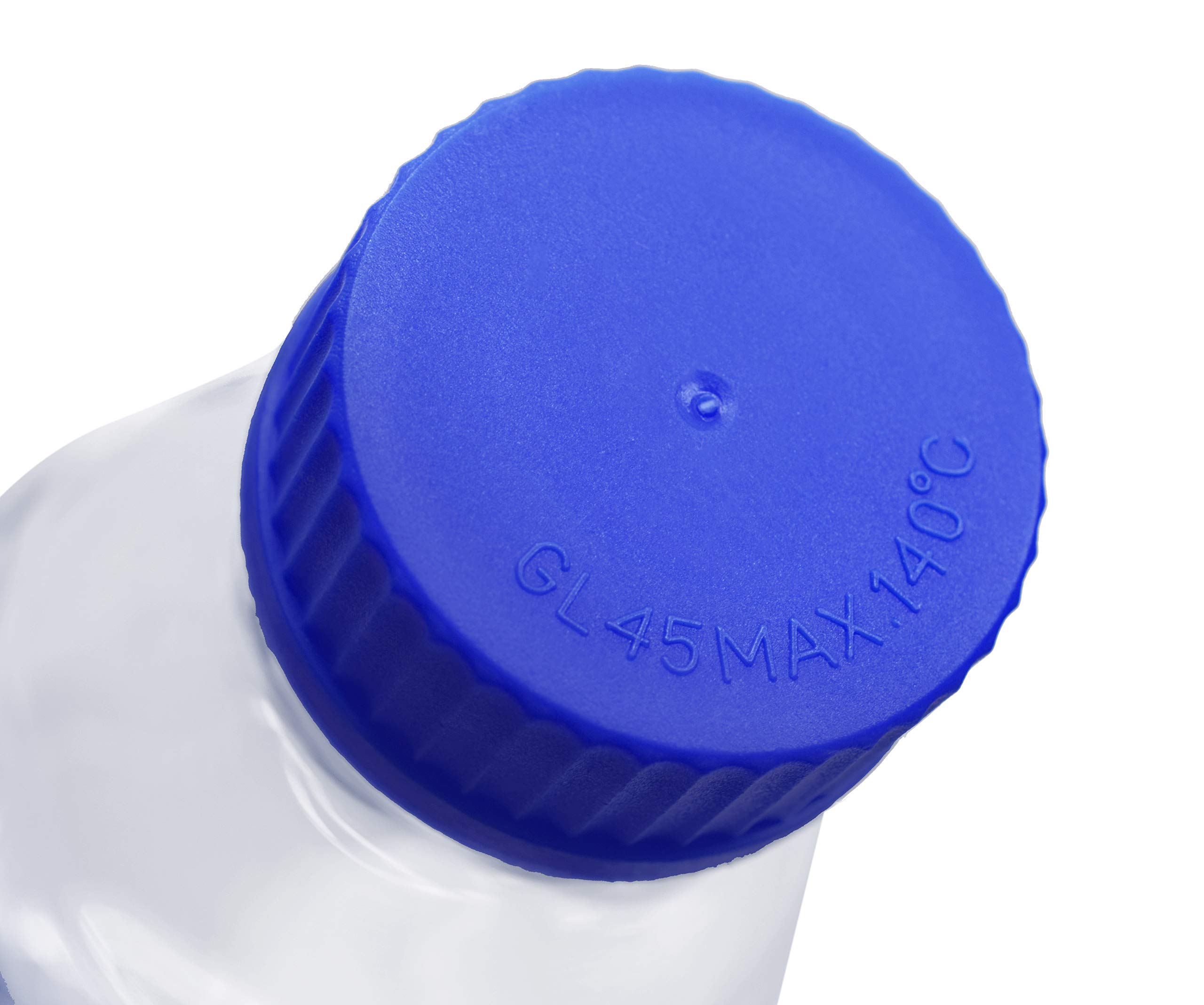 EISCO Reagent Bottle, 500ml - Transparent with Blue Screw Cap - White Graduations - Borosilicate 3.3 Glass