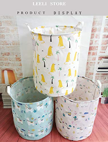 LEELI Laundry Hamper with Handles Collapsible Canvas Laundry Basket,Waterproof Storage Basket Home Organizer for Nursery,Clothes,Toys,Baby Hamper19.7×15.7(Blue Llama)