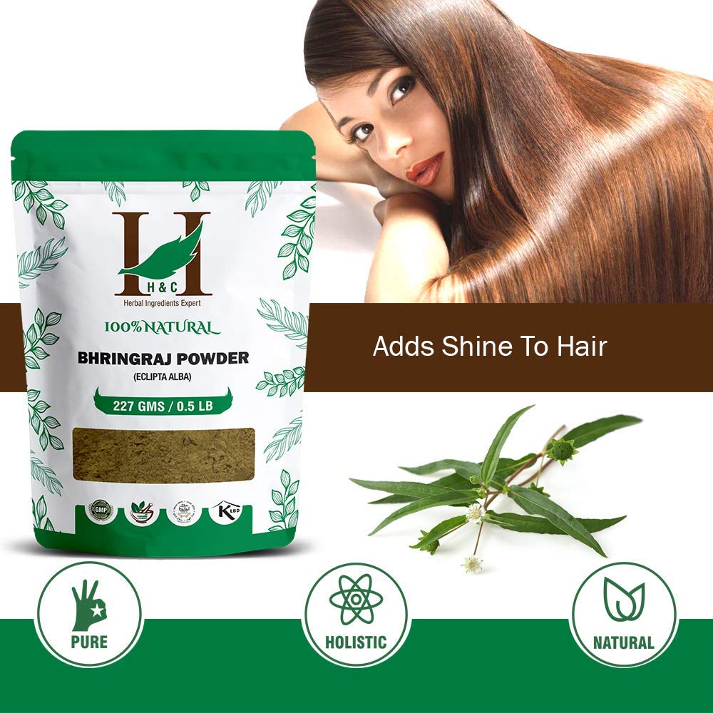 H&C- 100% Natural Bhringraj Powder for Hair (227g / 0.5 LB/ 08 oz) - Hair Growth Rejuvenator from Indian Ayurveda