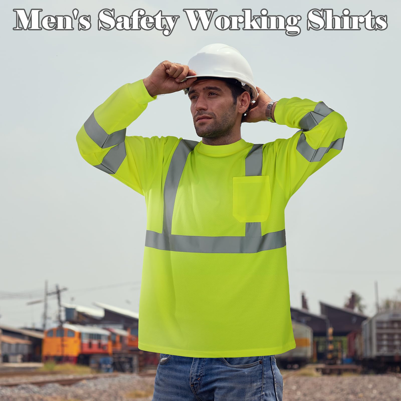Amylove 4 Pcs Long Sleeve Reflective Safety T Shirt High Visibility Safety Shirts with Reflective Strips Men Women (Yellow,L)