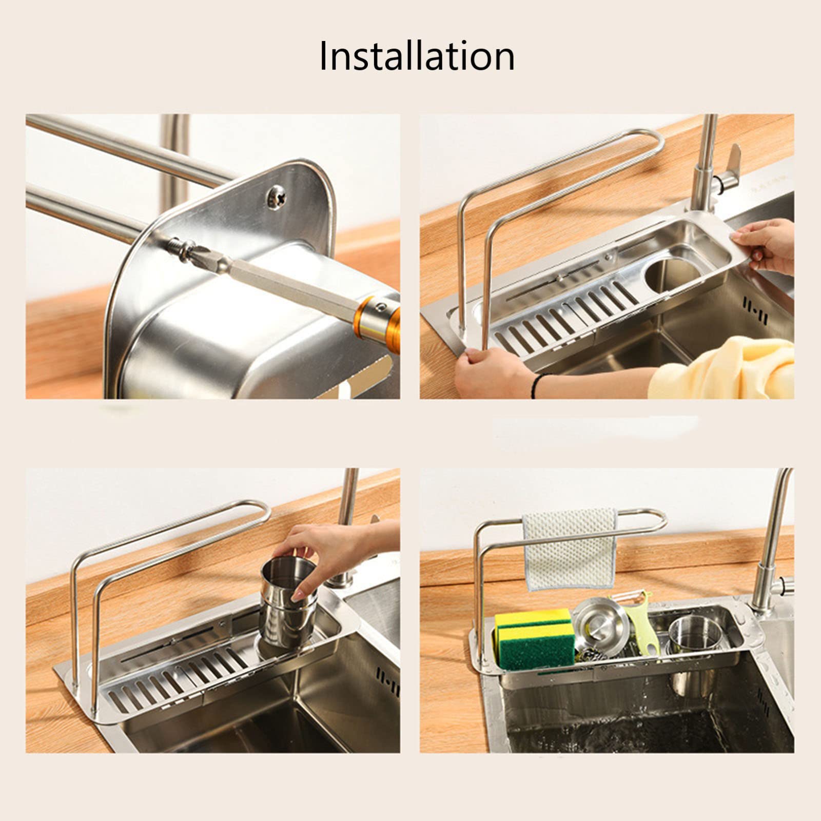 AJIODA Kitchen Sink Caddy Sponge Holder, Expandable Sink Storage Rack with Dishcloth Towel Holder & Residue Filter, Stainless Steel Multi-Functional Over Sink Kitchen Caddy Drying Rack Drain Rack