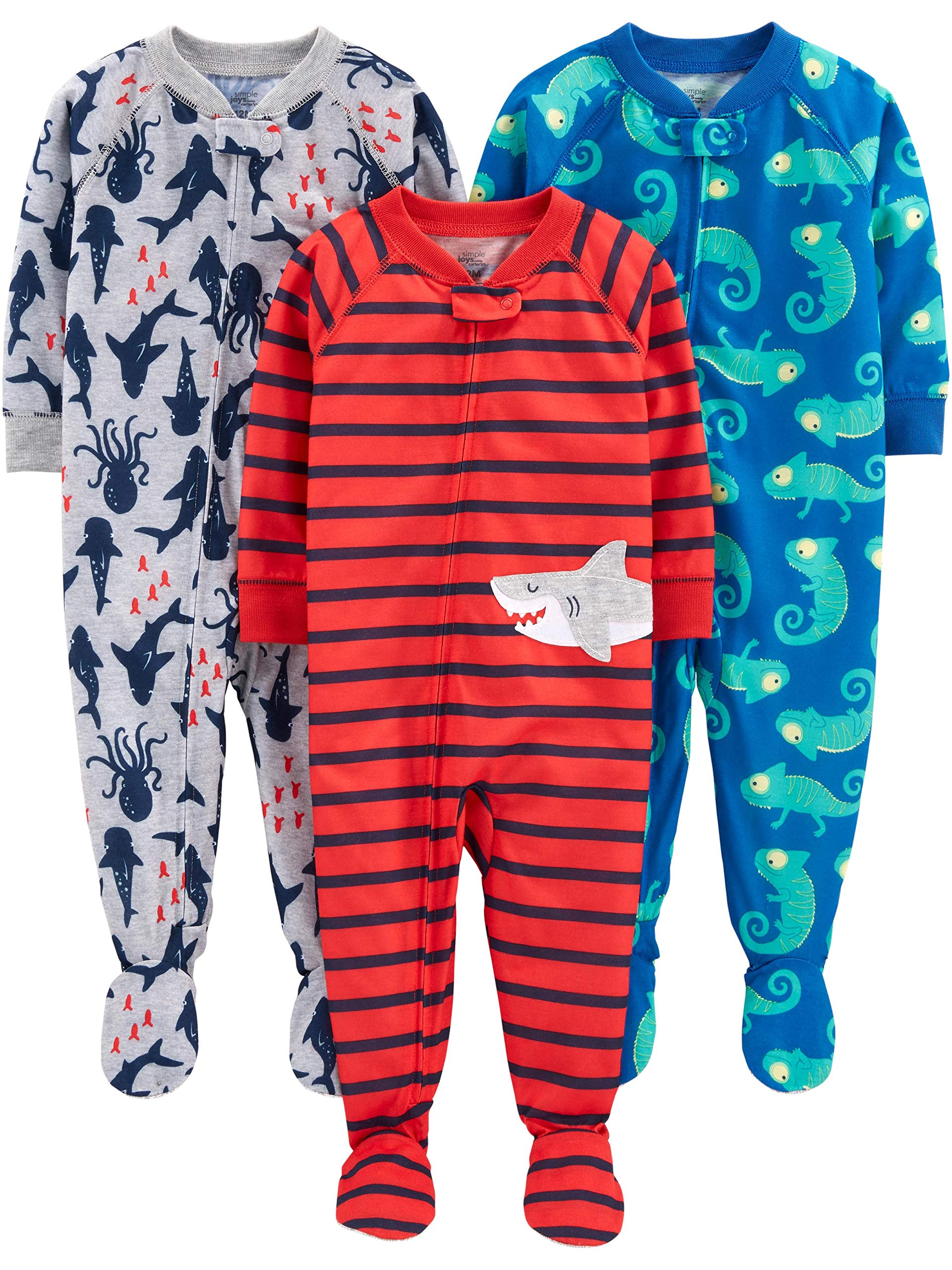 Simple Joys by Carter's Baby Boys' 3-Pack Loose Fit Flame Resistant Polyester Jersey Footed Pajamas, Blue Chameleon/Grey Shark/Red Stripe, 12 Months