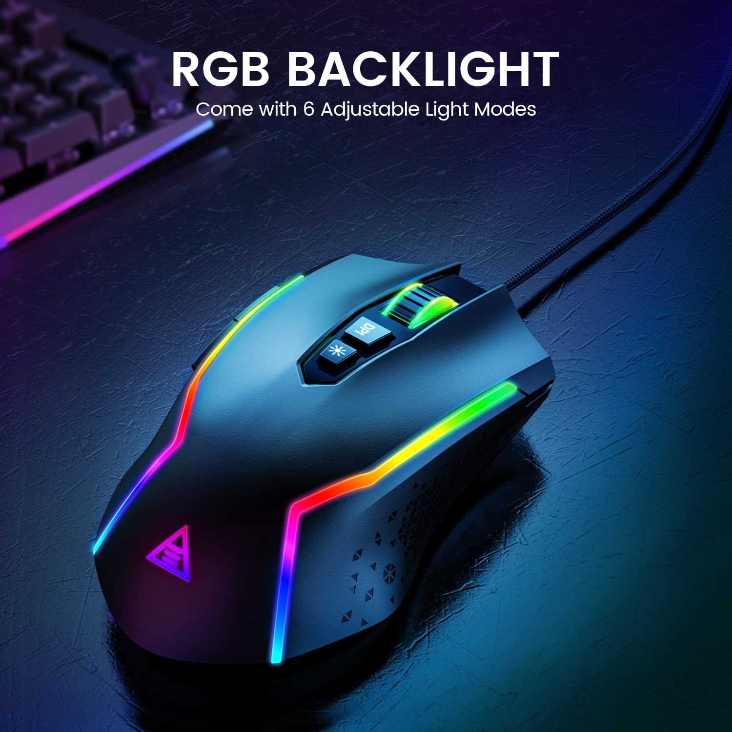 EKSA Gaming Mouse, Computer Mouse with 7 Programmable Buttons, Wired Gaming Mice with Chroma RGB 6 Backlit & Adjustable 8000DPI for Windows PC Gamers