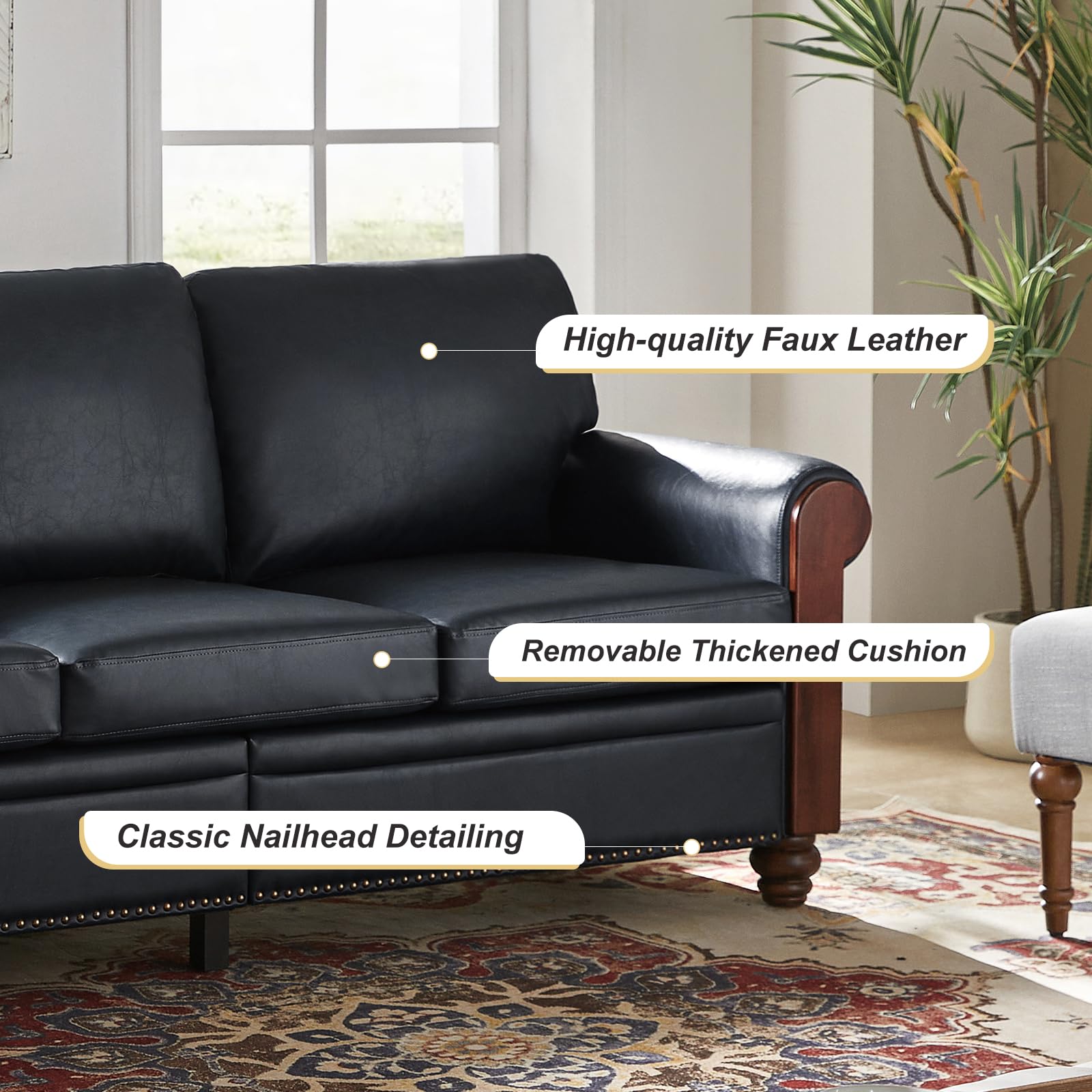 HULALA HOME 81" Sofa, Classic Faux Leather Couch Comfy 3 Seater Sofa with Wood Decor Rolled Arms Nailhead Trim, Brown Upholstered Leather Couch for Living Room