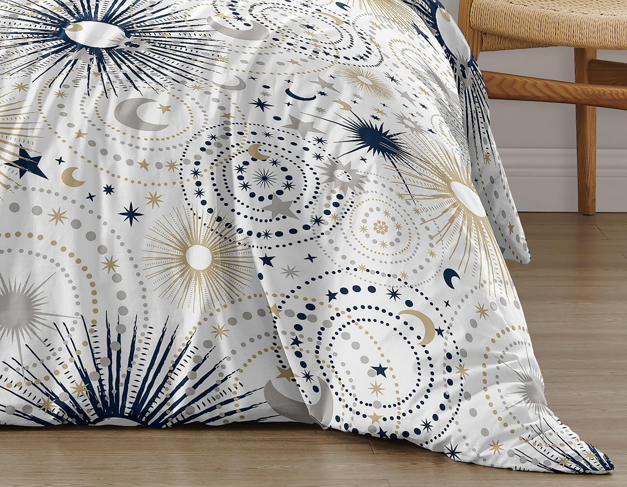 Sweet Jojo Designs Star and Moon Boy or Girl Full/Queen Bedding Set Kids Comforter Childrens Size - 3 Pieces - Navy Blue, Gold, and Grey Celestial Sky Stars Gender Neutral Unisex