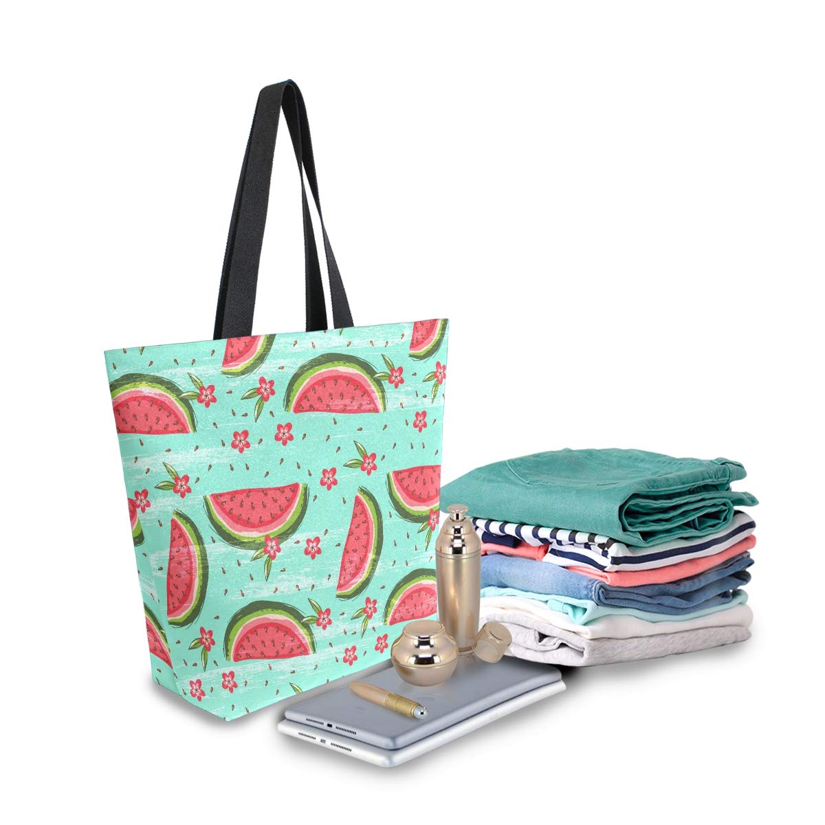 ALAZA Watermelon Pattern Blue Canvas Tote Bag Top Handle Purses Large Totes Reusable Handbags Cotton Shoulder Bags for Women Travel Work Shopping Grocery