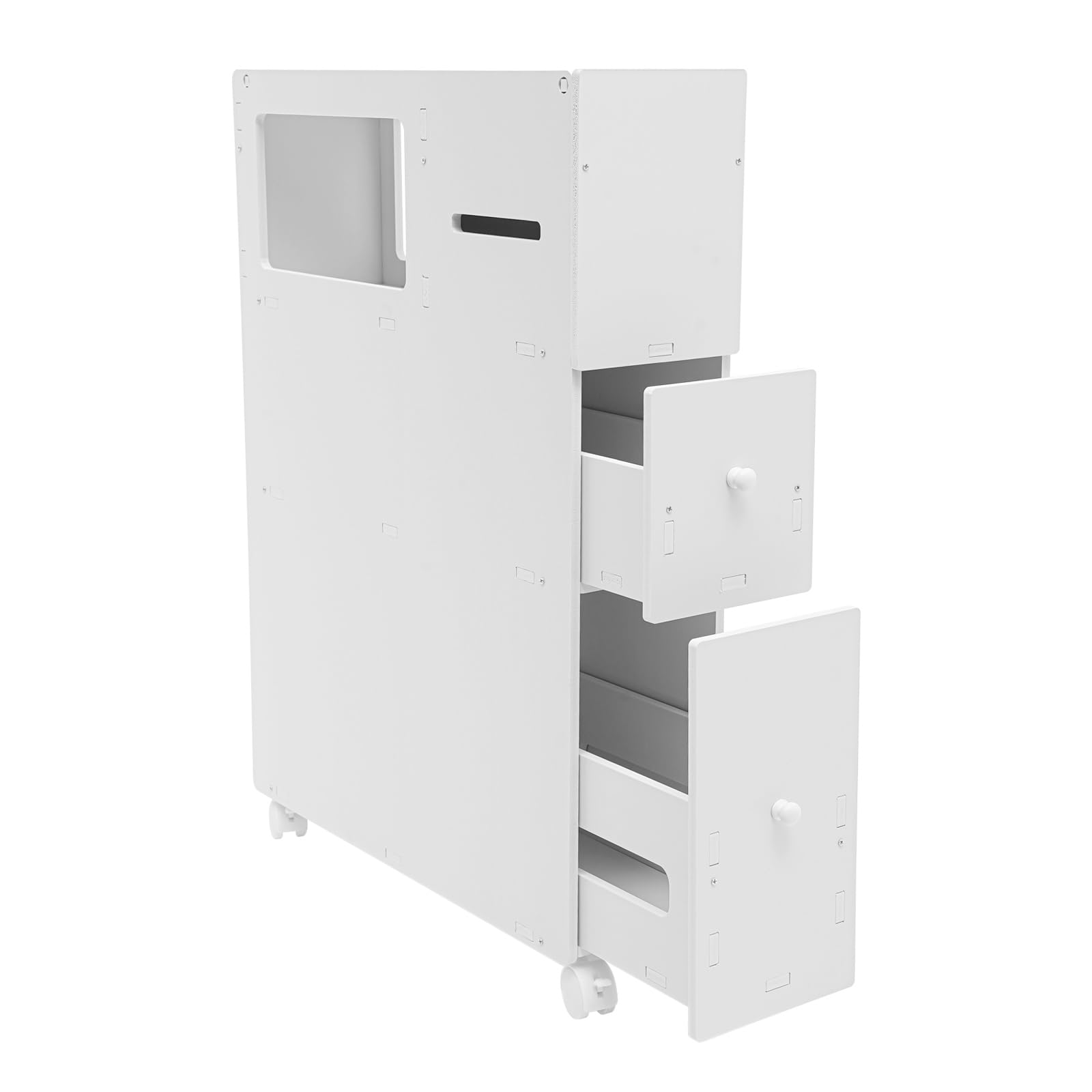 KONKENIE 4 Tier Slim Toilet Side Cabinet Bath Narrow Corner Floor Cabinet with Wheels 2 Drawer Bathroom Storage Cabinet with Shelf Toilet Paper Holder Towel Organizer Vertical for Small Space White