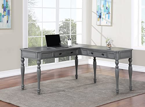 OSP Home Furnishings Country Meadows L-Shape Desk with 2 Full Drawers and Power Hub, Plantation Grey