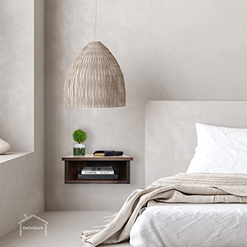 BELLEMARK Floating Nightstand | Wall Mounted Wood Bedside Table and Shelf for Bedrooms Hanging Storage Stand Great for Living Rooms, Dining Rooms, and More (Dark Walnut, Set of 2 Nightstands)
