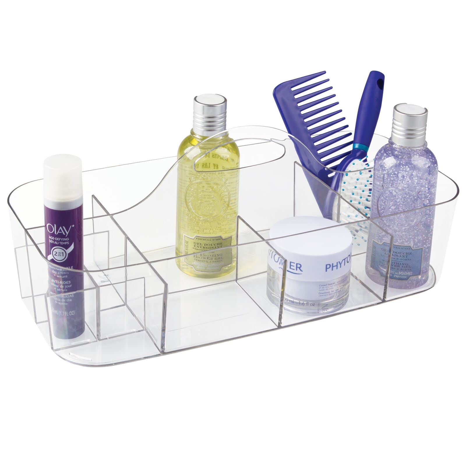 mDesign Plastic Divided Cosmetic Organizer Caddy Tote Bin with Handle, for Bathroom Vanity Storage - Holds Blush, Makeup Brushes, Palettes, Lipstick, Nail Polish - Lumiere Collection - Clear