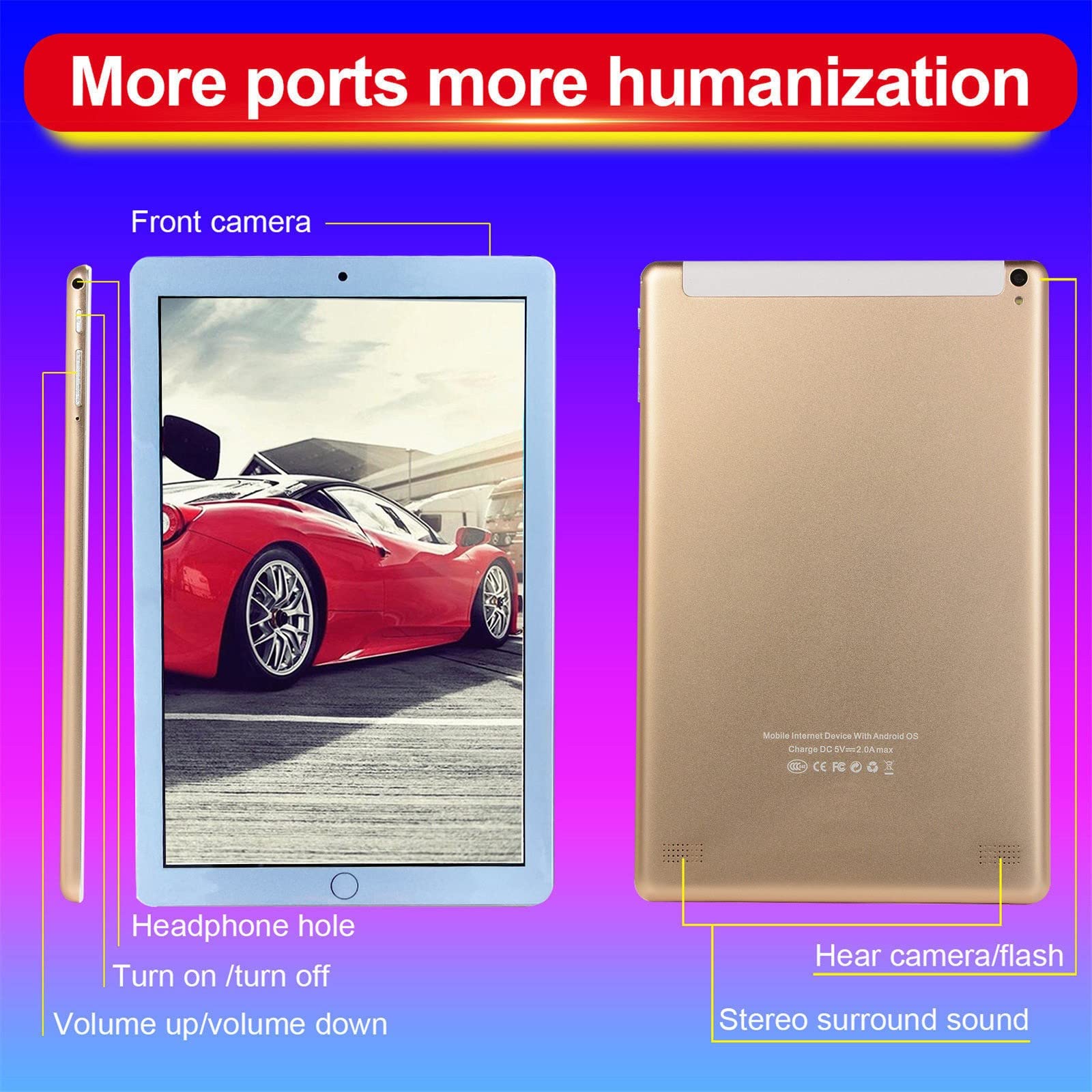 Android Tablet 10.1 Inch Tablet, 512GB Expand, 2MP Camera, Eight-Core Processor, 1GB+16GB RAM, Unlocked Phablet Built-in WiFi Blue-Tooth GPS, 4000MAH Battery, IPS HD Touch Screen (Gold)
